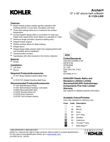 Kohler K-1125-LAW-0 Archer® 72" x 36" alcove bath Spec Sheet | Manualzz
