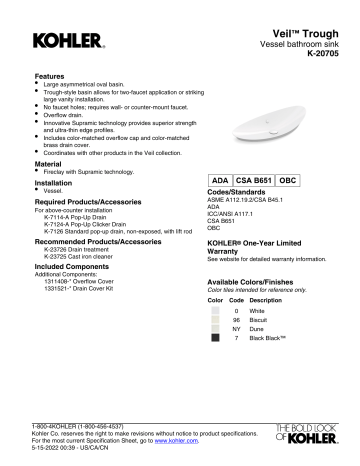 Kohler K-20705-0 Veil™ Trough Vessel bathroom sink Spec Sheet | Manualzz