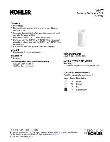 Kohler K-20702-0 Veil™ pedestal Spec Sheet | Manualzz