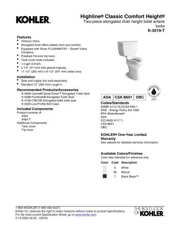 Kohler K-3519-T-0 Highline® Classic Comfort Height® Two-piece elongated ...
