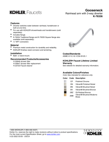 Kohler K-76336-CP Gooseneck Rainhead arm Spec Sheet | Manualzz
