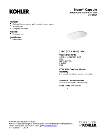 Kohler K-21057-0 Brazn™ Capsule Undermount bathroom sink Spec Sheet ...