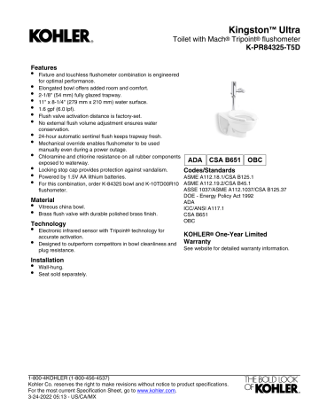 Kohler K-PR84325-T5D-NA Kingston™ Ultra Toilet Spec Sheet | Manualzz