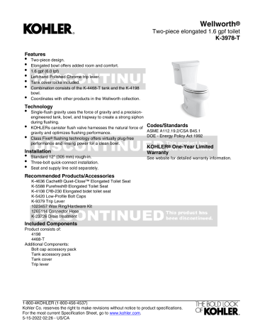 Kohler K-3978-T-0 Wellworth® Two-piece elongated 1.6 gpf toilet Spec ...