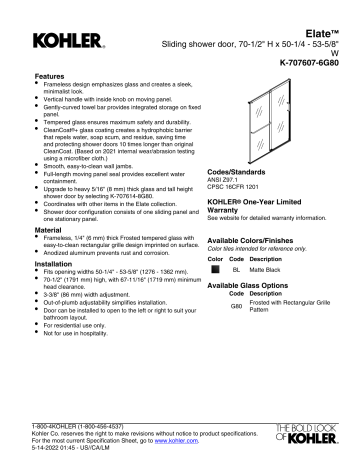 Kohler K-707607-6G80-BL Elate™ Sliding shower door, 70-1/2" H x 50-1/4 ...