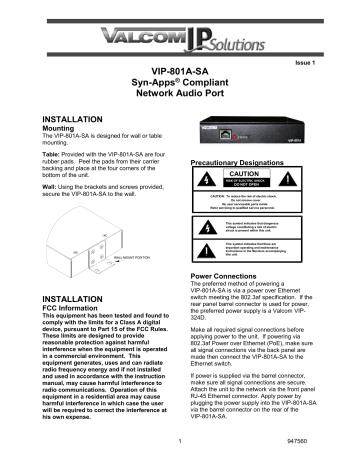 Valcom VIP-801A IP Gateway Audio Port Installation Manual | Manualzz