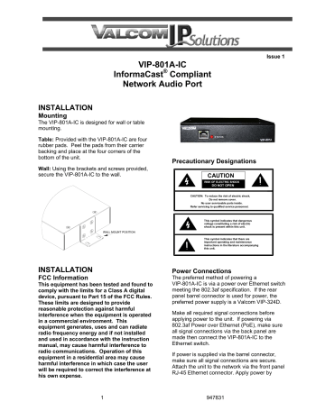 Valcom VIP-801A IP Gateway Audio Port Installation Manual | Manualzz