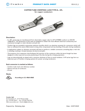 Cembre A-2M COPPER TUBE CRIMPING LUGS Datasheet | Manualzz
