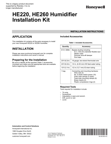 Honeywell HE220, HE260 Humidifier Guía de instalación | Manualzz