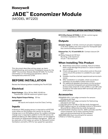 Honeywell W7220 JADE Economizer Module Installation Guide | Manualzz