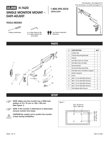 Uline H-7620 Single Monitor Mount Easy Adjust Guide d'installation ...
