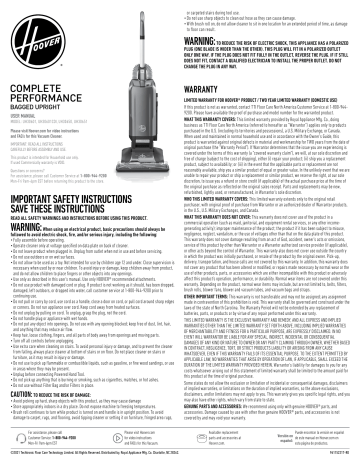Hoover COMPLETE PERFORMANCE BAGGED UPRIGHT User Manual | Manualzz