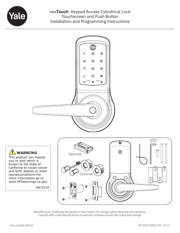 Yale nexTouch Keypad Access Cylindrical Lock Instruction manual | Manualzz
