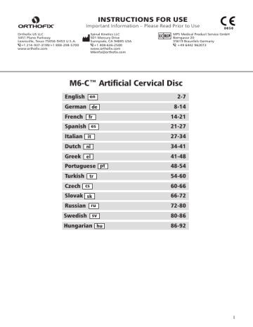 Orthofix M6-C Artificial Cervical Disc Mode d'emploi | Manualzz