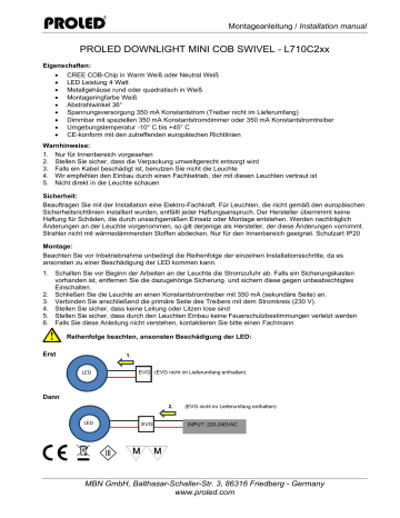 PROLED L710C2xx Downlight Mini Cob Swivel Installation Guide | Manualzz