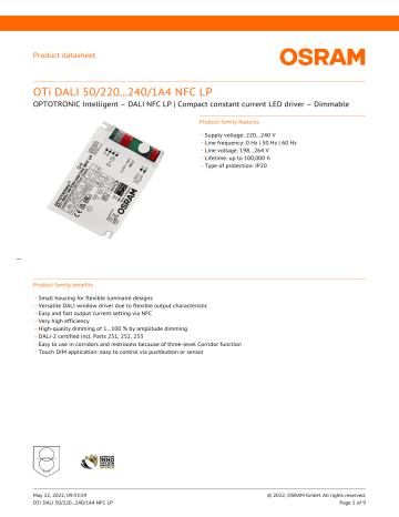 Osram OTi DALI 50/220...240/1A4 NFC LP Data Sheet | Manualzz