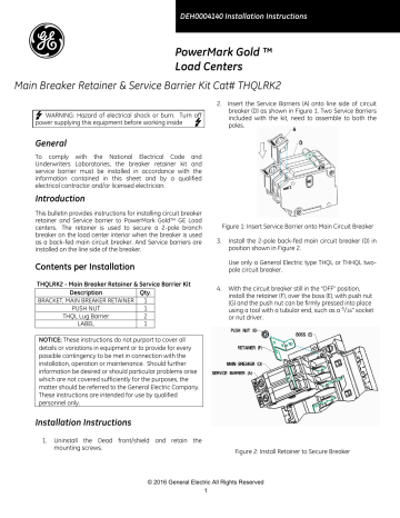 ABB Main Breaker Retainer & Service Barrier Installation Instructions ...