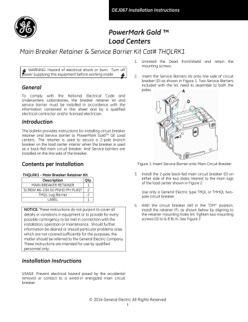 ABB Main Breaker Retainer & Service Barrier Installation Instructions ...