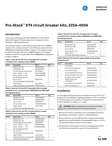 ABB ReliaGear Pro-Stock Lighting Panelboards XT4 Circuit Breaker Kits ...