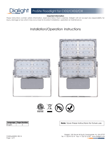 Dialight UL ProSite LED Floodlight Installation Manual | Manualzz