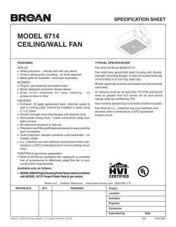 Broan 6884H Housing Pack Specification Sheet | Manualzz