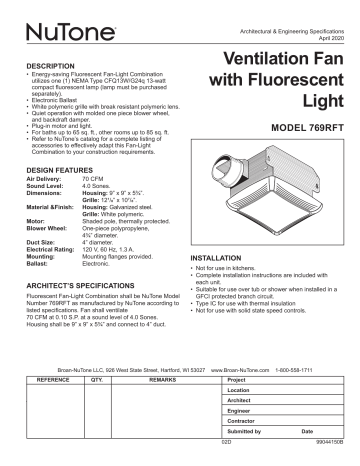 NuTone 769RFT 70 CFM Ventilation Fan Specification | Manualzz