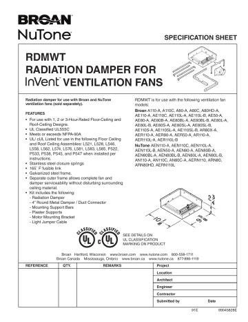 Broan RDMWT Radiation Damper Specification Sheet | Manualzz