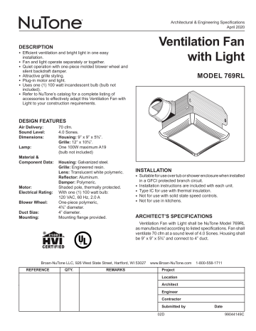 NuTone 769RL 70 CFM Ventilation fan Specification | Manualzz