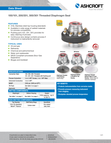 Ashcroft 100-101 Threaded Diaphragm Seals Datasheet | Manualzz
