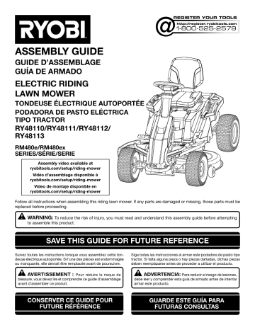 RYOBI RY48110 38" 75 AH Electric Riding Lawn Mower Assembly Guide ...
