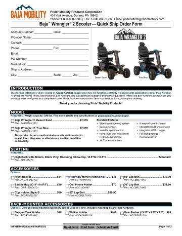 Pride Mobility Baja Mobility Wrangler 2 Order Form Owner's Manual ...
