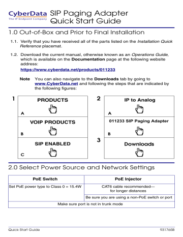 Cyberdata 011233 SIP Paging Adapter Quick Start Guide | Manualzz