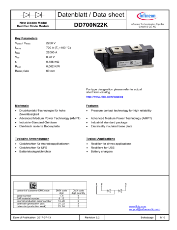 Infineon DD700N22K Bipolar Module Datenblatt | Manualzz