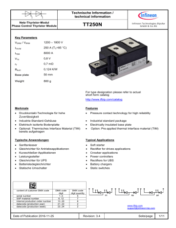 Infineon TT250N18KOF Bipolar Module Datenblatt | Manualzz