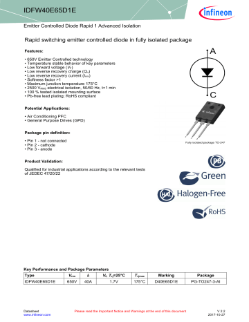 Infineon IDFW40E65D1E Diode Rectifier Data Sheet | Manualzz