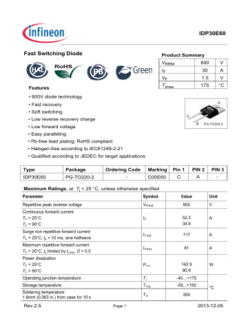 Infineon IDP30E60 Diode Rectifier Data Sheet | Manualzz