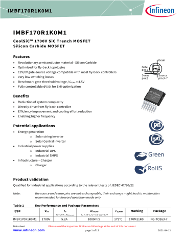 Infineon IMBF170R1K0M1 MOSFET Data Sheet | Manualzz