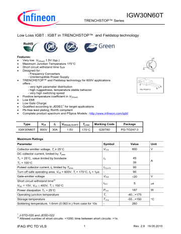Infineon IGW30N60T IGBT Discrete Data Sheet | Manualzz