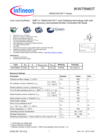 Infineon IKW75N60T IGBT Discrete Data Sheet | Manualzz
