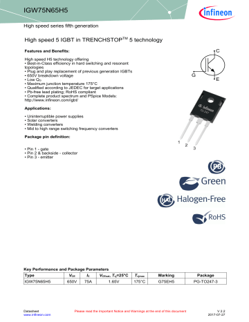 Infineon IGW75N65H5 IGBT Discrete Data Sheet | Manualzz
