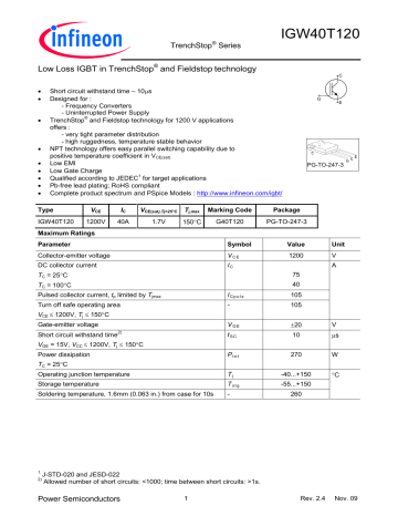 Infineon IGW40T120 IGBT Discrete Data Sheet | Manualzz