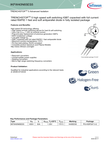 Infineon IKFW40N65ES5 IGBT Discrete Data Sheet | Manualzz