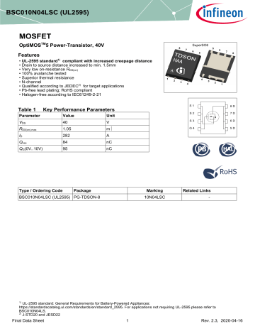 Infineon BSC010N04LSC MOSFET Data Sheet | Manualzz