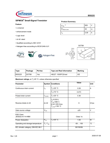 Infineon BSS225 MOSFET Data Sheet | Manualzz