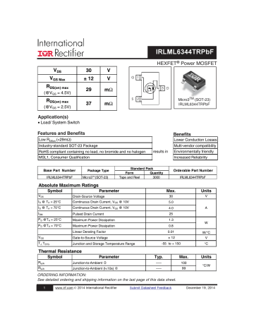 Infineon IRLML6344 MOSFET Data Sheet | Manualzz
