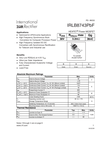 Infineon IRLB8743 MOSFET Data Sheet | Manualzz