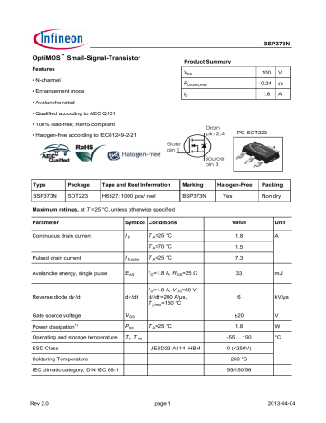 Infineon BSP373N MOSFET Data Sheet | Manualzz