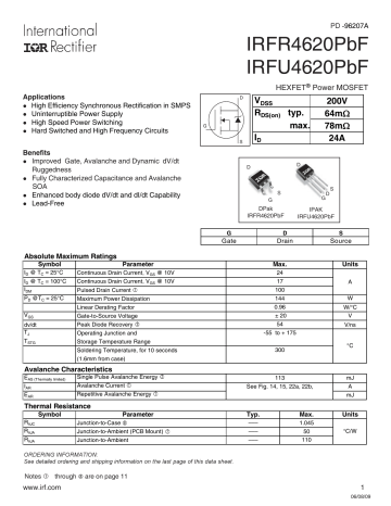 Infineon IRFR4620 MOSFET Data Sheet | Manualzz