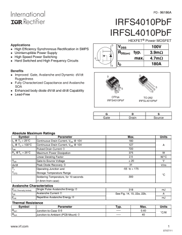 Infineon IRFSL4010 MOSFET Data Sheet | Manualzz