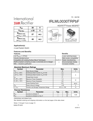 Infineon IRLML0030 MOSFET Data Sheet | Manualzz